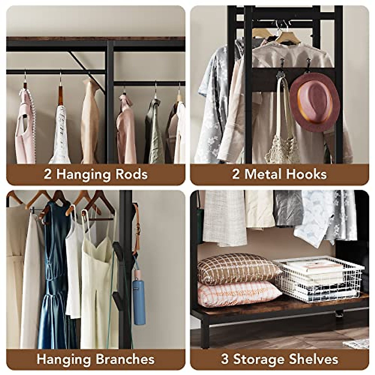 Tribesigns Freestanding Closet Organizer, Clothes Rack with Drawers and Shelves, 6 Hooks, Hanging Rods, Heavy-duty Garment Rack Wardrobe Closet Clothing Storage for Bedroom, Rustic Brown