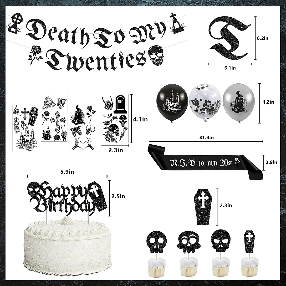 Refavor Death to My 20s Decorations - Black Funeral Party Balloons Banner Supplies 30th Rip My 20s Birthday Decorations Women Men Twenties Sash Youth Funny Bday Party Coffin Decor for Him Her