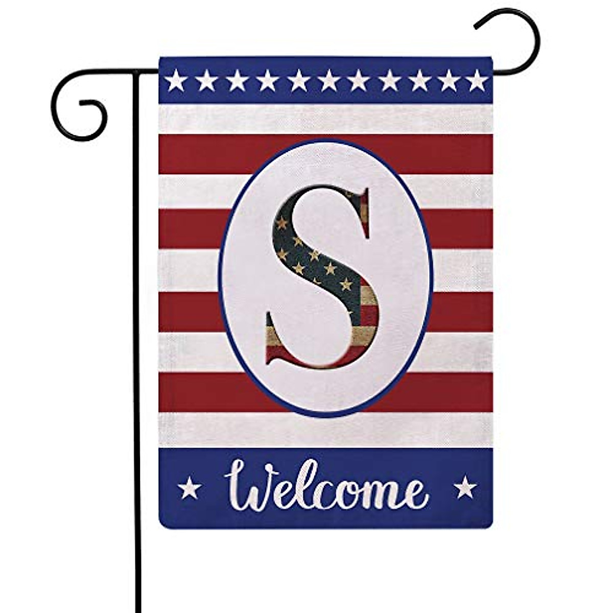 Patriotic Decorative Flag Initial Letter Garden Flags with Monogram S Double Sided American Independence Day Flag Welcome Burlap Garden Flags 12.5×18 Inch for House Yard Patio Outdoor Decor(S)