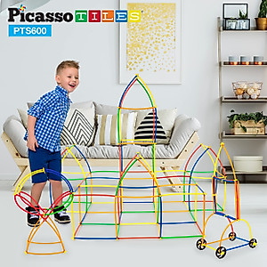 PicassoTiles 600pc Construction Toy Straw Building Set Children STEM Learning Interlocking Building Toys Creative Straw Connecting Builder Kits Early Education Kit for Kids Boys & Girls Ages 3+ PTS600