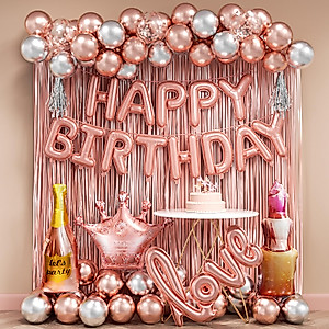 MURDIZZO Rose Gold Happy Birthday Decors Women,Rose Gold Birthday Decors w/ Banner, Fringe Curtains, Feminine-Themed Foil Balloons, Balloon Kits 13th 21st 25 30 40 50th Birthday Decors