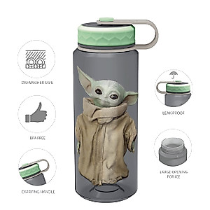 Zak Designs Star Wars The Mandalorian Durable Plastic Water Bottle - Rugged Sports Bottle with Carry Strap and Wide Chug Opening Includes Reusable Straw (36 oz, Grogu/Baby Yoda/The Child)