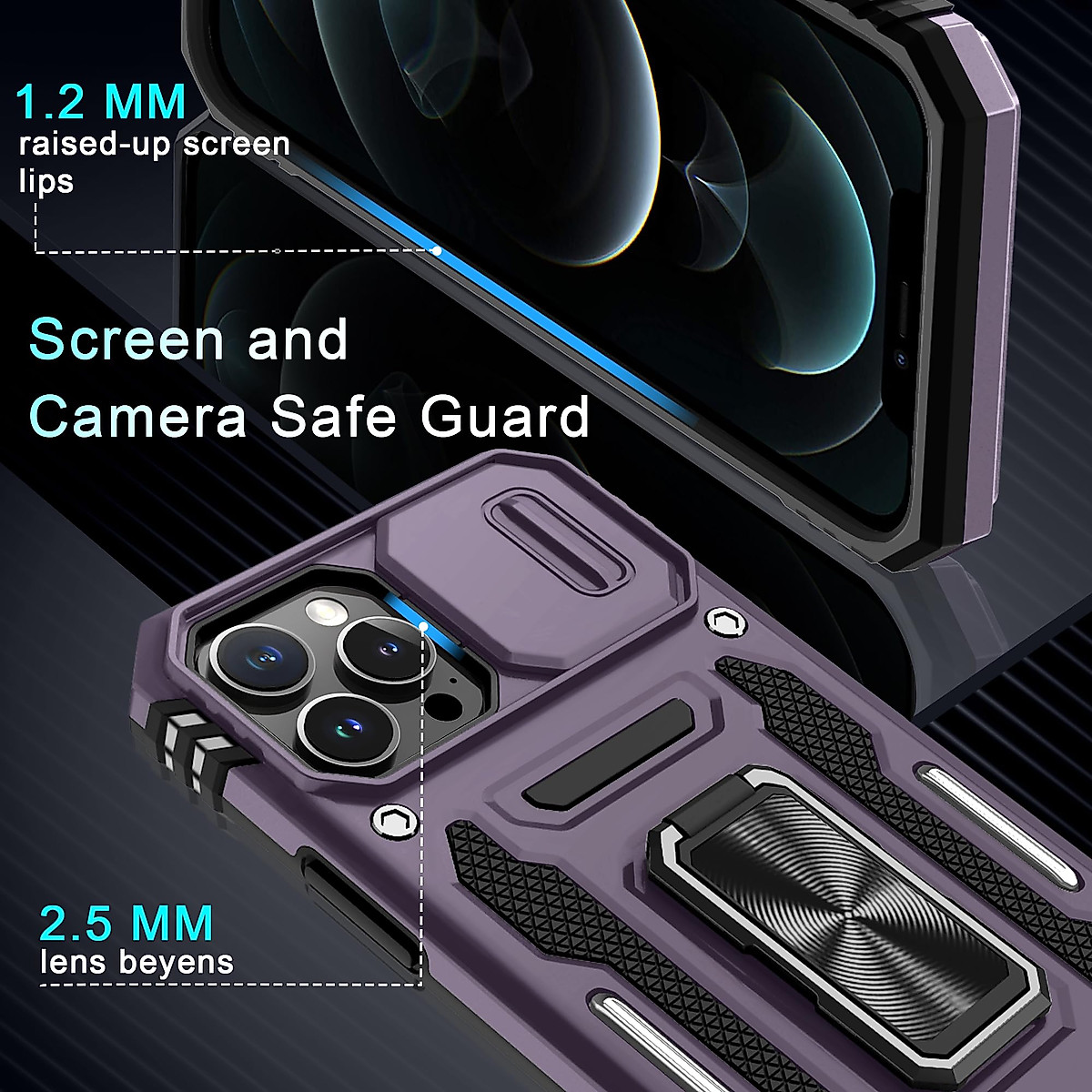 DEERLAMN Case for iPhone 13 Pro Max with Slide Camera Cover+Screen Protector(1 Pack),Rotated Ring Kickstand Military Grade Shockproof Protective Cover 6.7 Inch-Deep Purple