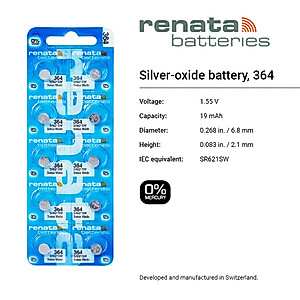 Renata 364 SR621SW Batteries - 1.55V Silver Oxide 364 Watch Battery (2 Count)