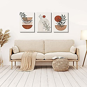Boho Wall Art Prints, Boho Wall Decor, Mid Century Modern Wall Art, Set of 3 Prints, Abstract Geometric Prints Black Beige Terracotta Minimalist Art, Natural Framed Canvas Prints Artwork For Living Room Bathroom Bedroom Wall Decor