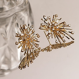 Sonateomber Firework Flower Big Gold Statement Stud Earrings for Women, Trendy Sparkly Rhinestone Cubic Zirconia Burnt Star Unique Hypoallergenic Wedding Bridal Fashion Jewelry Gifts