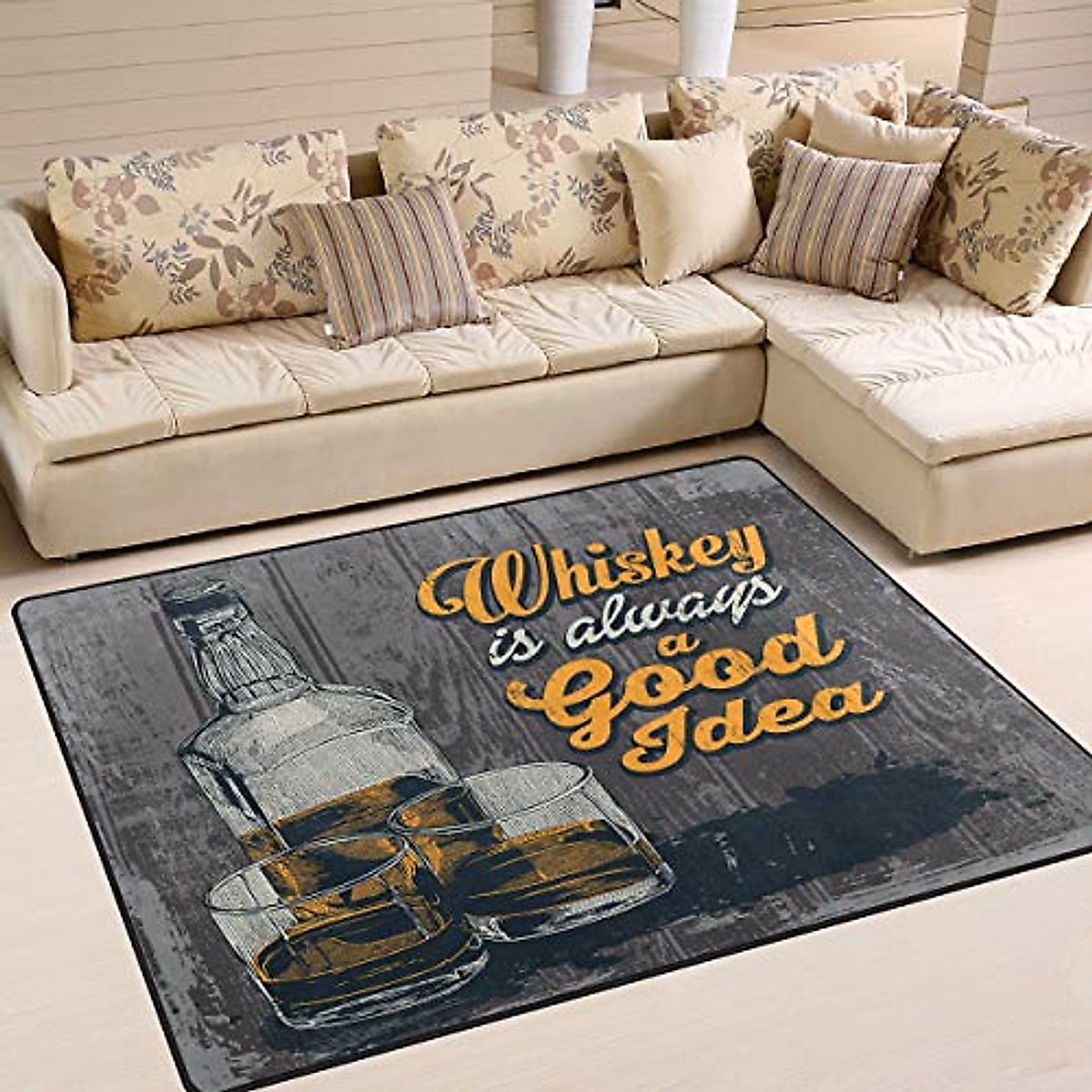 ALAZA Whiskey Always Good Idea with in Two Glasses and Bottle Quotes Vintage Area Rug Rugs for Living Room Bedroom 5'3"x4'