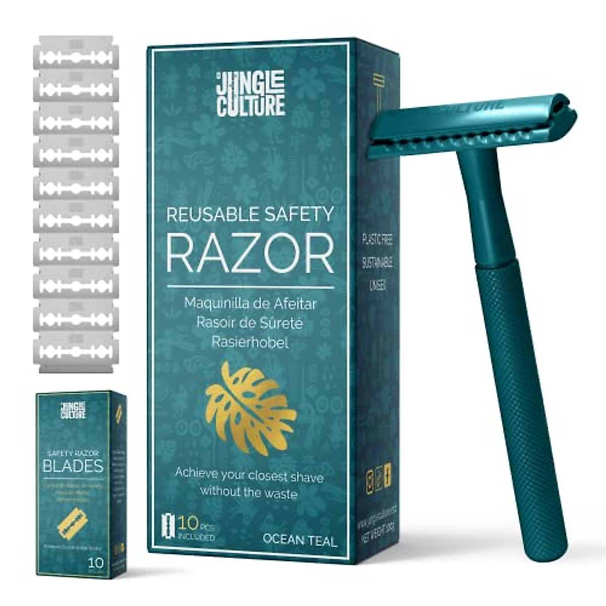 Jungle Culture Safety Razor with 10 Double Edge Blades • One Blade Metal Razors for Women & Men for Body & Face • Eco Friendly & Reusable Shaver • Teal