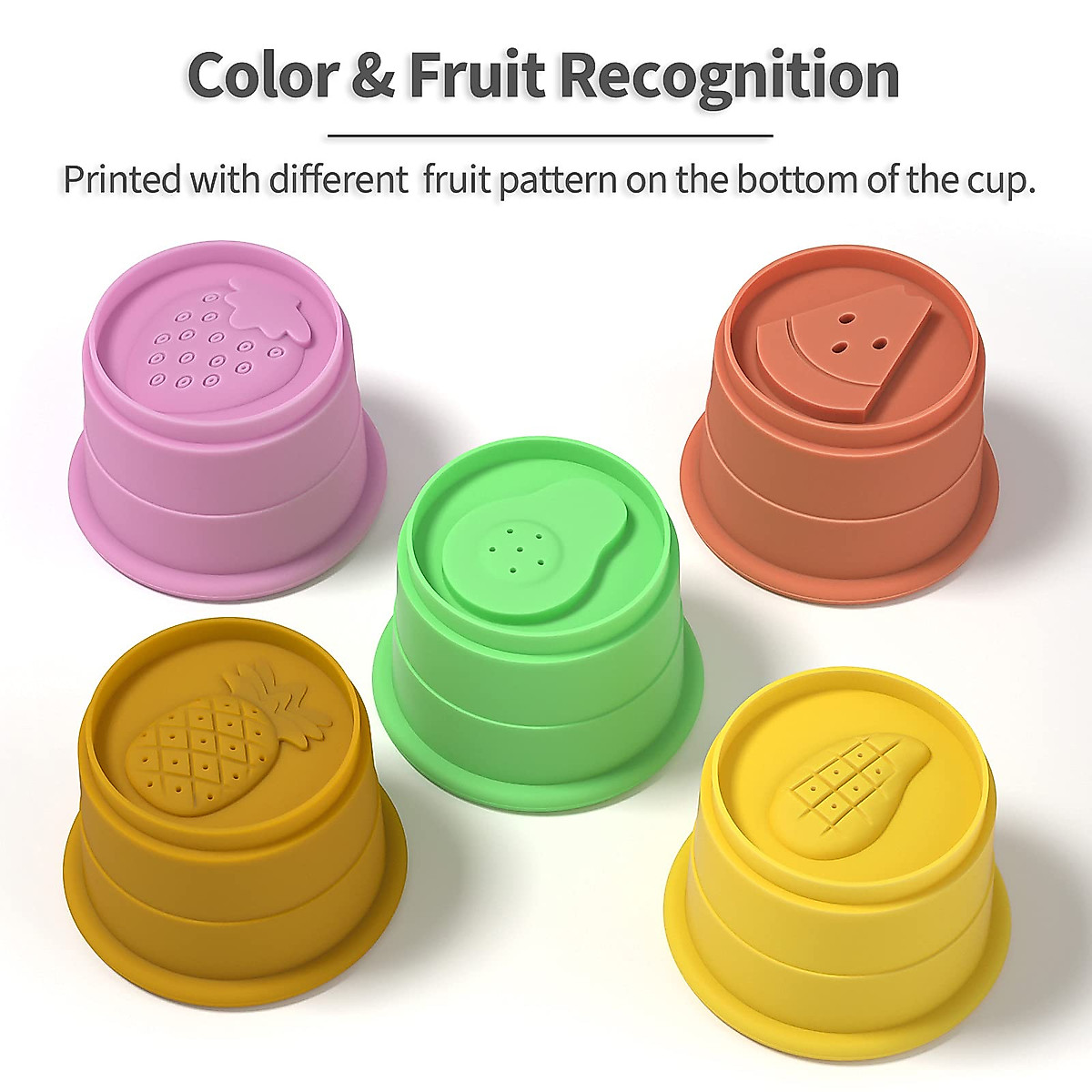 TYRY.HU Soft Silicone Stacking Cups Toy, 5 PCS Montessori Toys for 10+ Months Toddlers, Building Toys Nesting Cups Toys for Educational Develop Learning, Bathing Toy with Fruit Pattern, Colorful
