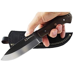 Moorhaus Handmade Full Tang Hunting Fixed Blade Knife D2 Steel - Wood Handle - Great for Camping/Hunting/Skinning/Survival/Bushcraft - includes Leather Sheath