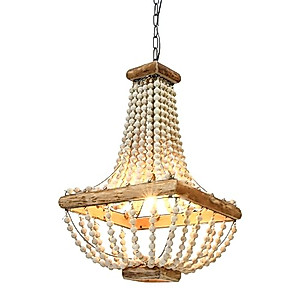 Creative Co-Op Wood & Metal Framed Chandelier with Wood Bead Draping