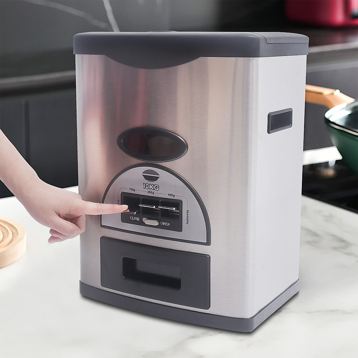 Fetcoi Auto Rice Dispenser Container, Stainless Steel Rice Dispenser, 10kg/22lb Large Capacity Automatic Rice Storage Container Kitchen Rice Dispenser Countertop, Black