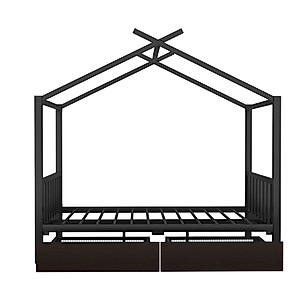 CITYLIGHT Full Size House Bed for Kids, Metal Full Platform Bed Frame with 2 Storage Drawers, Roof, Headboard and Footboard, Full Storage Canopy Bed for Kids, Girls & Boys, Black
