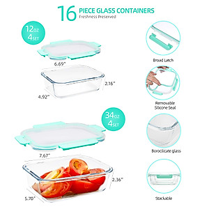 8 Pack Glass Food Storage Containers, Airtight Meal Prep Containers with Lids BPA Free, Stackable & Leak Proof Boxes for Lunch, Freezer to Microwave Oven Safe (8 Lids + 8 Bowls)