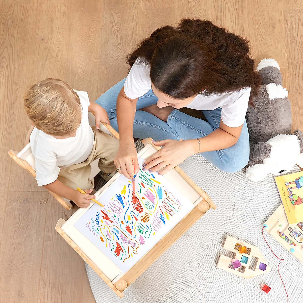 Woodtoe Kids Table and Chair Set with Storage & Chalkboard, Height Adjustable Toddler Chair, Montessori Art Table and Chair Set, Natural Wooden Activity Table, Drawing Dinner Desk for Baby Toddlers 1+