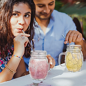 Hiceeden 8 Pack Glass Mason Jars with Lids and Straws, 16 Oz Mason Jar Drinking Glasses with Handle, Mason Mugs Cups with Honeycomb Pattern for Juice, Iced Coffee, Milk Tea, Smoothie, Cocktail