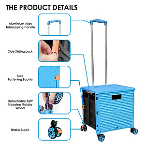 SELORSS Foldable Utility Cart Portable Collapsible Crate Rolling Carts with Wheels Rolling Tote Basket Teacher Cart with Lid Wear-Resistant 360°Rotate Wheel Noiseless for Shopping Storage Office Use