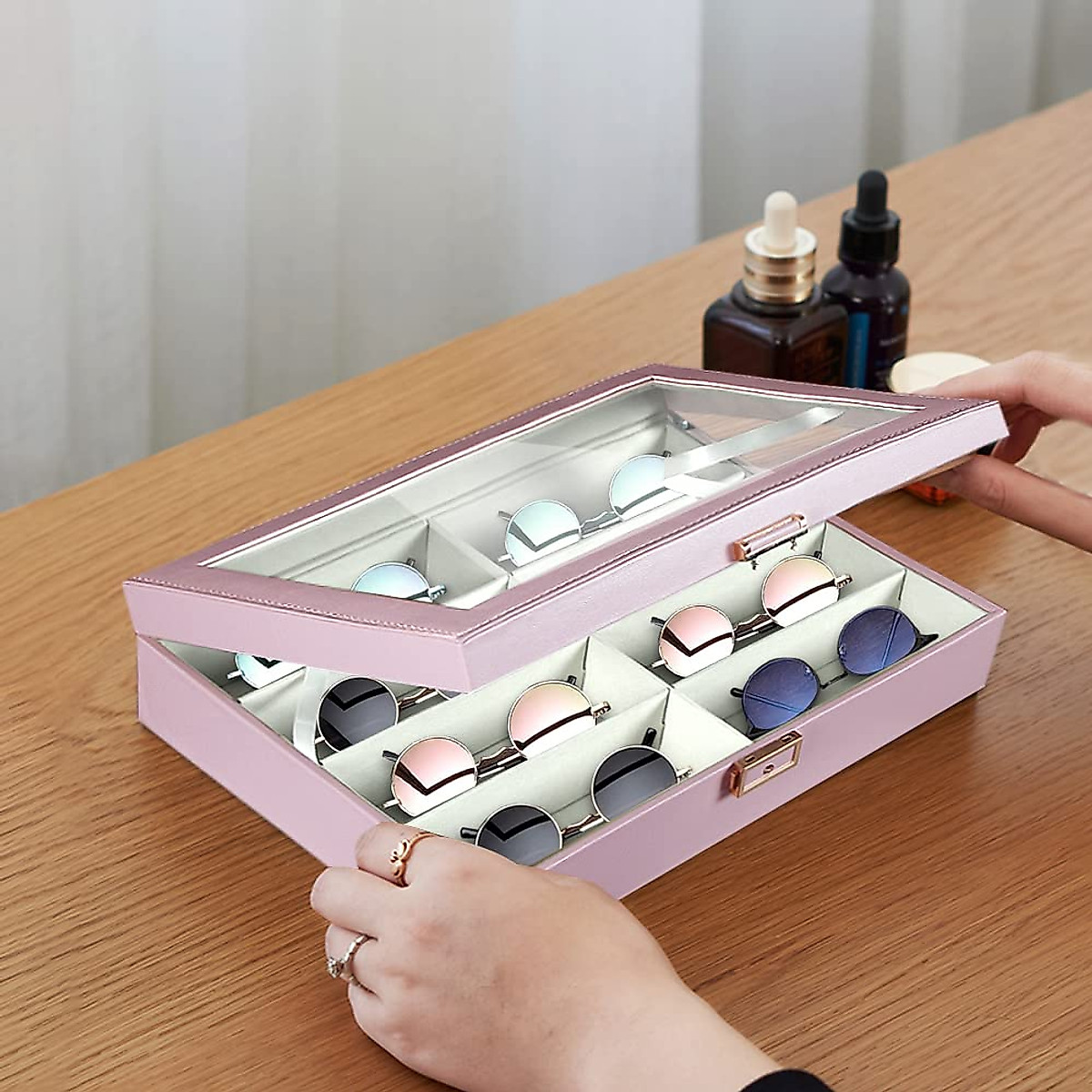 BLIENCE Sunglasses Organizer for Women, 8 Slot PU Leather Sunglasses Storage Case, Sweet Pink Eyeglasses Eyewear Display Case, Jewelry, Watch, Sunglasses Glasses Collector Box,Lockable and Clear Top