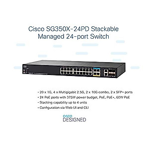 Cisco SG350X-24PD Stackable Managed Switch | 20 ports Gigabit | 4 Ports 2.5G Multigigabit | 375W PoE | 2 x 10G Combo + 2 x SFP+ | Limited Lifetime Protection (SG350X-24PD-K9-NA)