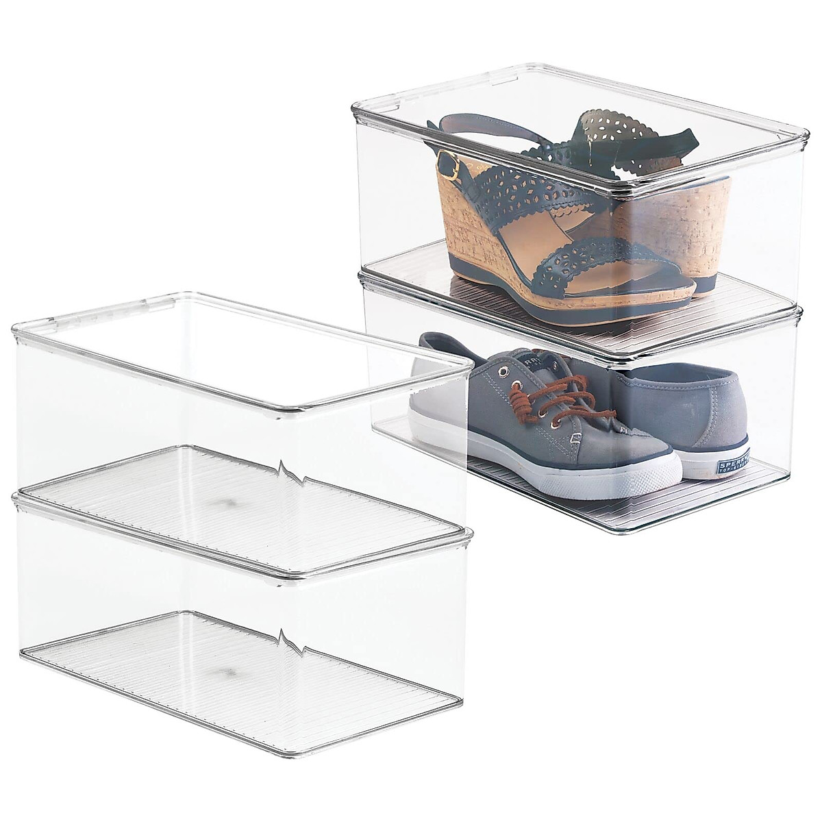 mDesign Stackable Plastic Closet Storage Container Bin Box with Hinge Lid for Organizing Shoes, Booties, Pumps, Sandals, Wedges, Flats, Heels - Lumiere Collection - 4 Pack - Clear