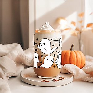 Coolife Ghost Halloween Cup, 16 oz Tumbler Glass Cups w/Lids Straws - Spooky Iced Coffee Cup, Smoothie Cup, Cute Halloween Gifts for Women, Girls, Spooky Gifts for Teens, Boys, Her