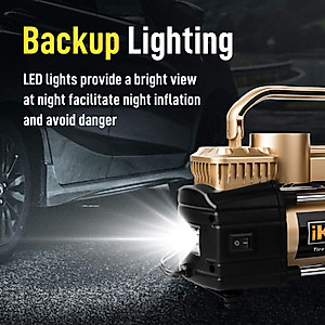 iKer Portable Air Compressor Heavy Duty Tire Inflator for Car, Truck, SUV,12V 70L/Min Double Cylinders Metal Air Pump 150PSI with LED Work Lights,11.5ft Extension Air Hose and Tire Repair Kit
