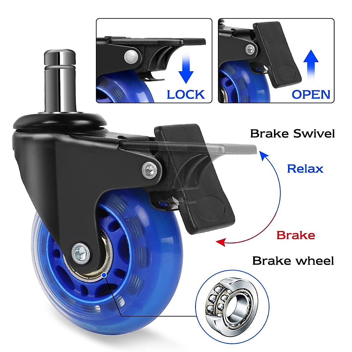 Office Chair Wheels with Brake, Replacement Rubber Chair Casters for Hardwood Floors and Carpet, Set of 5, Heavy Duty Office Chair Casters for Chairs to Replace Office Chair Mats -Universal Fit.