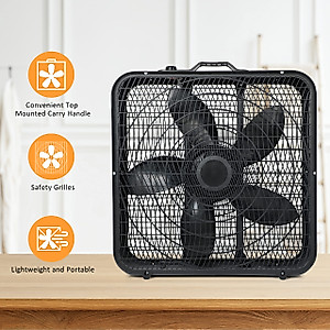 InfiniPower 20” Box Fan, 3-Speed Cooling Floor Fan with Aerodynamic Shaped Fan Blades, Convenient Carry Handle and Safety Grills, Black