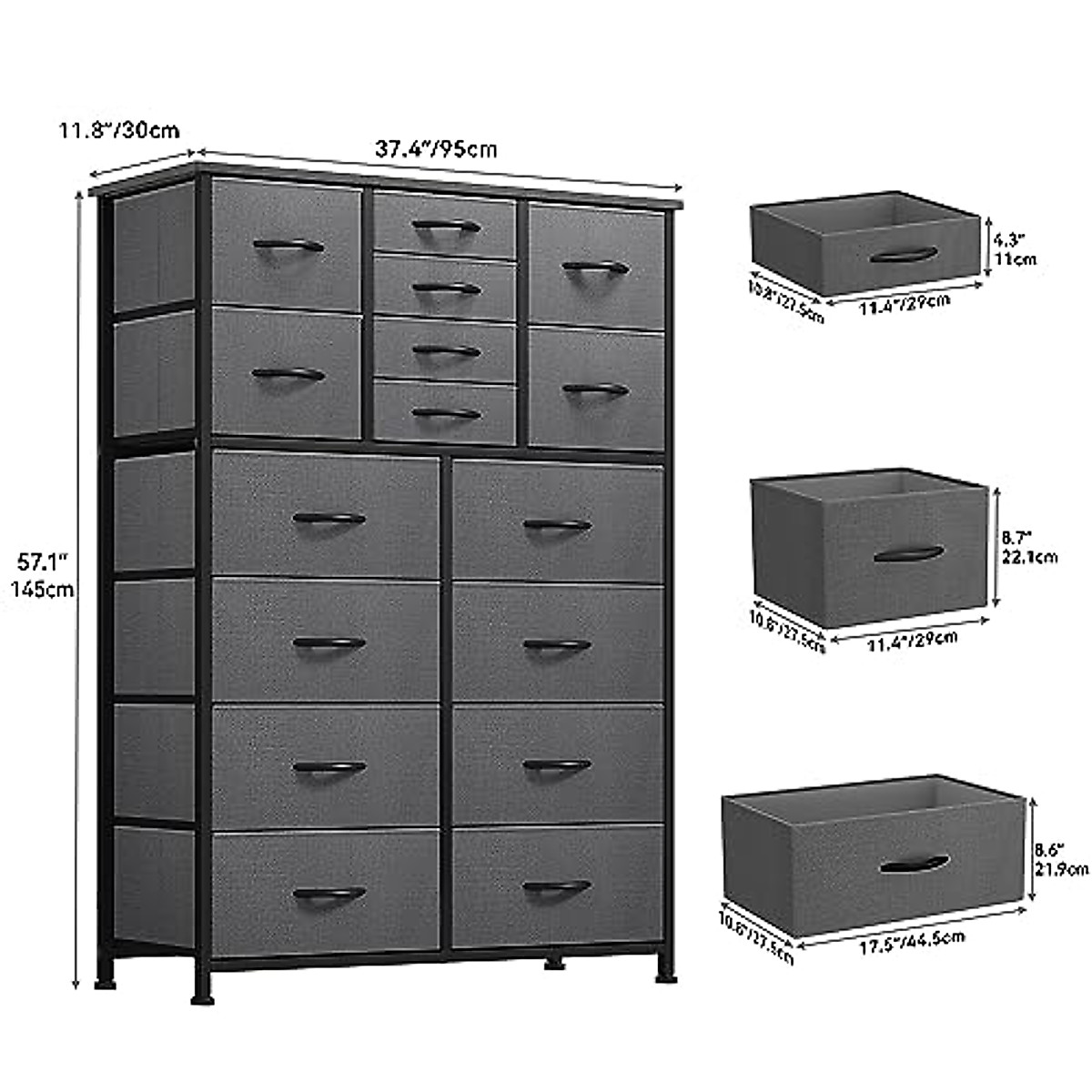 YITAHOME 16 Drawer Dresser, Tall Fabric Dresser for Bedroom, Large Chest of Drawers, Gray Dresser for Bedroom Closet Living Room Entryway with Sturdy Metal Frame and Wooden Top (Black Gray)