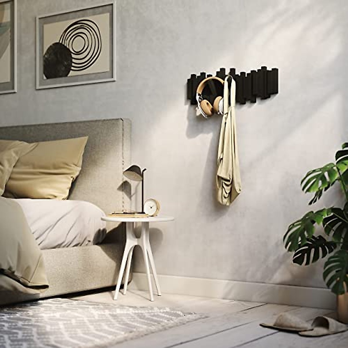Umbra 318211-040 Sticks Multi Rack – Modern, Unique, Space-Saving Hanger with 5 Flip-Down Hooks for Hanging Coats, Scarfs, Purses and More, Black