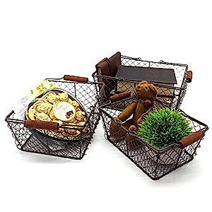 CVHOMEDECO. Primitive Chicken Wire Gathering Baskets with Wood Handle Rectangular Farmhouse Storage Baskets Set, Rusty, Set of 3