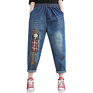 LAI MENG FIVE CATS Women Loose Jeans Denim Harem Pants with Elastic Waist with Pocket