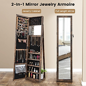 LOKO Lockable Jewelry Cabinet, Large Capacity Makeup Organizer with Full-Length Mirror, Built-in Makeup Mirror, 5 Storage Shelves, Floor Standing Jewelry Armoire for Living Room, Bedroom (Brown)