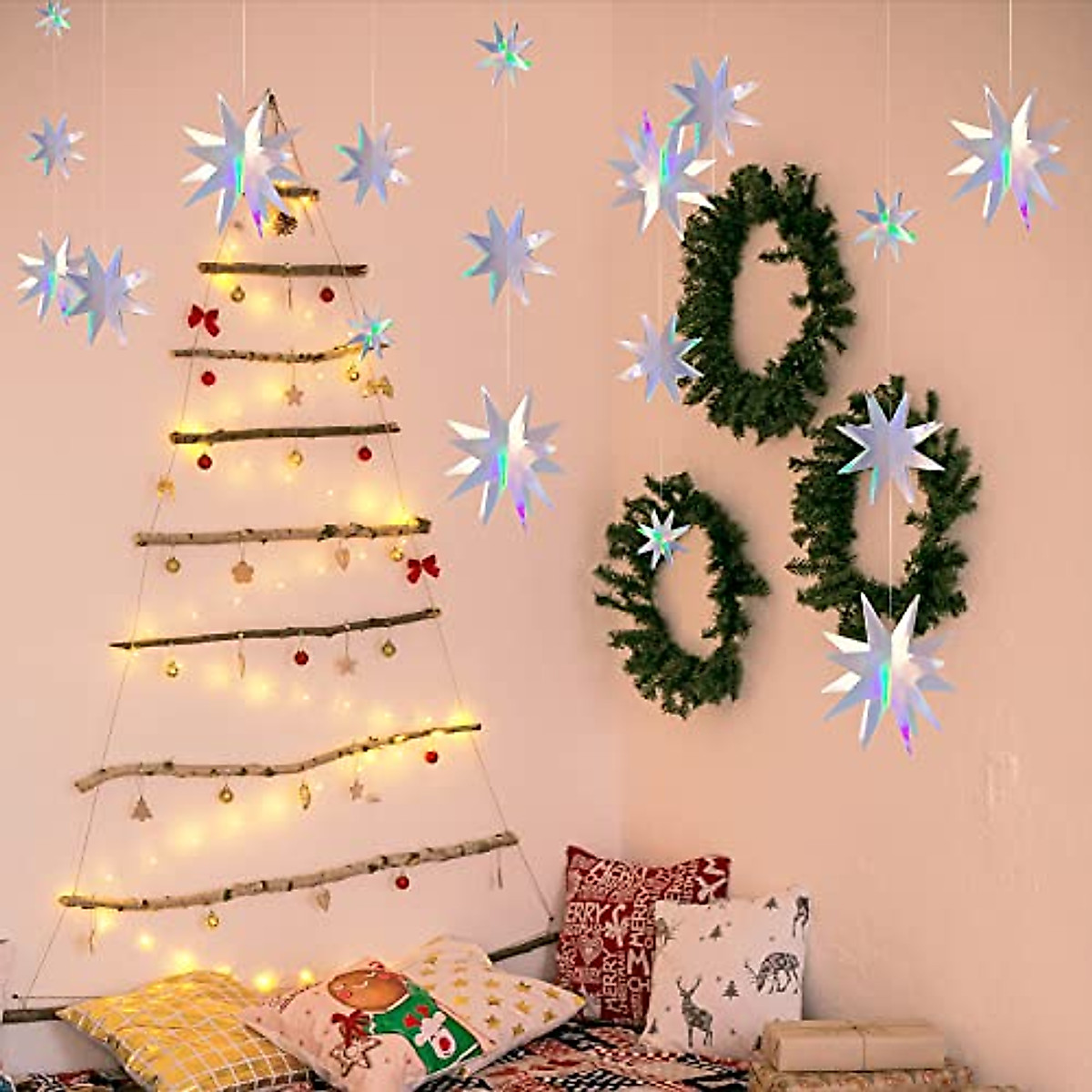 3D Star Disco Iridescent Silver Party Decorations Snowflake Garland, UNIIDECO Groovy Dance Euphoria Prom Party Twinkle Stars Decor, Iradescent Ceiling Hanging Bachelorette Graduation Supplies