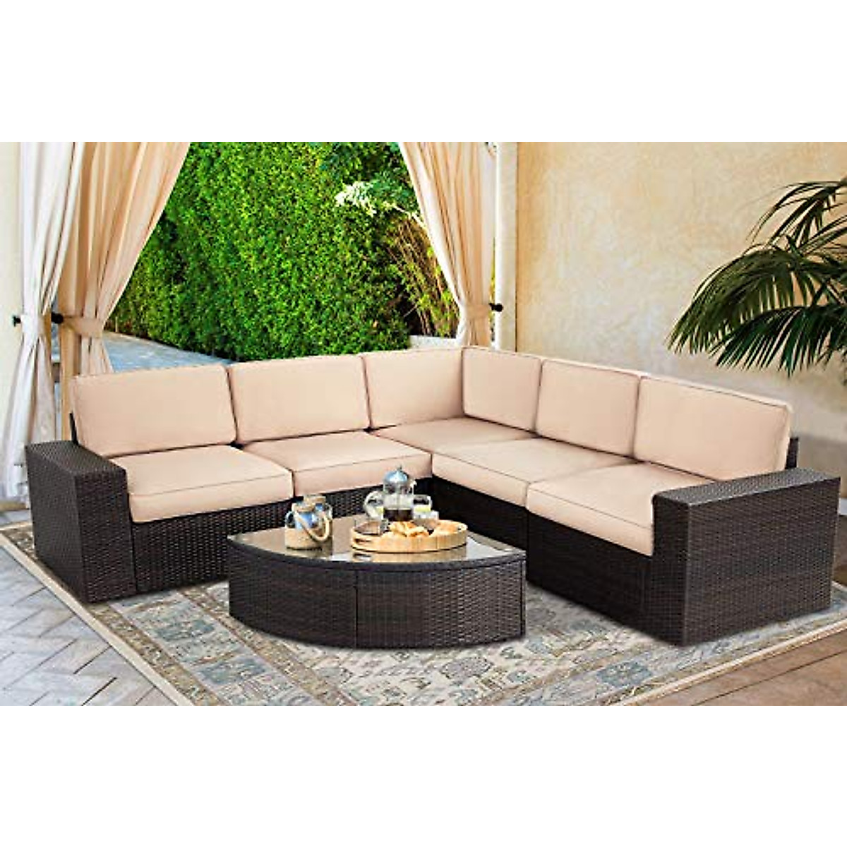 SOLAURA 6 Pieces Patio Furniture, Patio Sectional Sofa All-Weather PE Wicker Modular Outdoor Furniture Patio Conversation Set with Glass Coffee Table (Brown)
