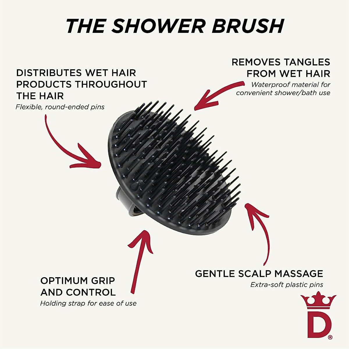 Jack Dean by Denman (Black) Scalp Massager and Detangling Hair Brush for Thick or Thin Hair, Curly or Straight Hair - use in the Shower or Bath - Head and Beard Scrubber - For Women and Men, D6