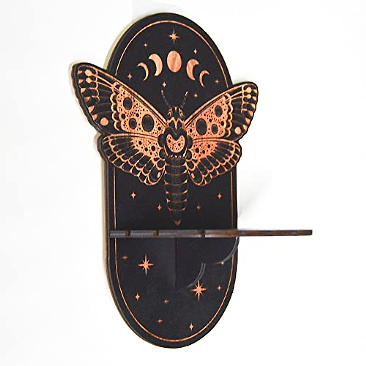 Moon Moth Shelf Crystals 10x5.5 inch Wooden Black Golden Boho Holder with Snake Pattern Crystal Gemstones Display Essential Oil Candles Gothic Home Decor (Type3-Butterfly)