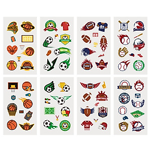 Cleverplay 24 Sheets Waterproof Temporary Tattoos, Sports Themed Party Favors, Birthday Decorations, Football Soccer Baseball Basketball