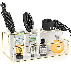 J JACKCUBE DESIGN Hair Dryer Holder Organizer Hair Tool Styling Storage Countertop Gold Clear Acrylic Bath Supplies Blow Dryer Flat Iron Tray Stand, Bathroom Vanity Caddy with 3 Cups- MK1026A