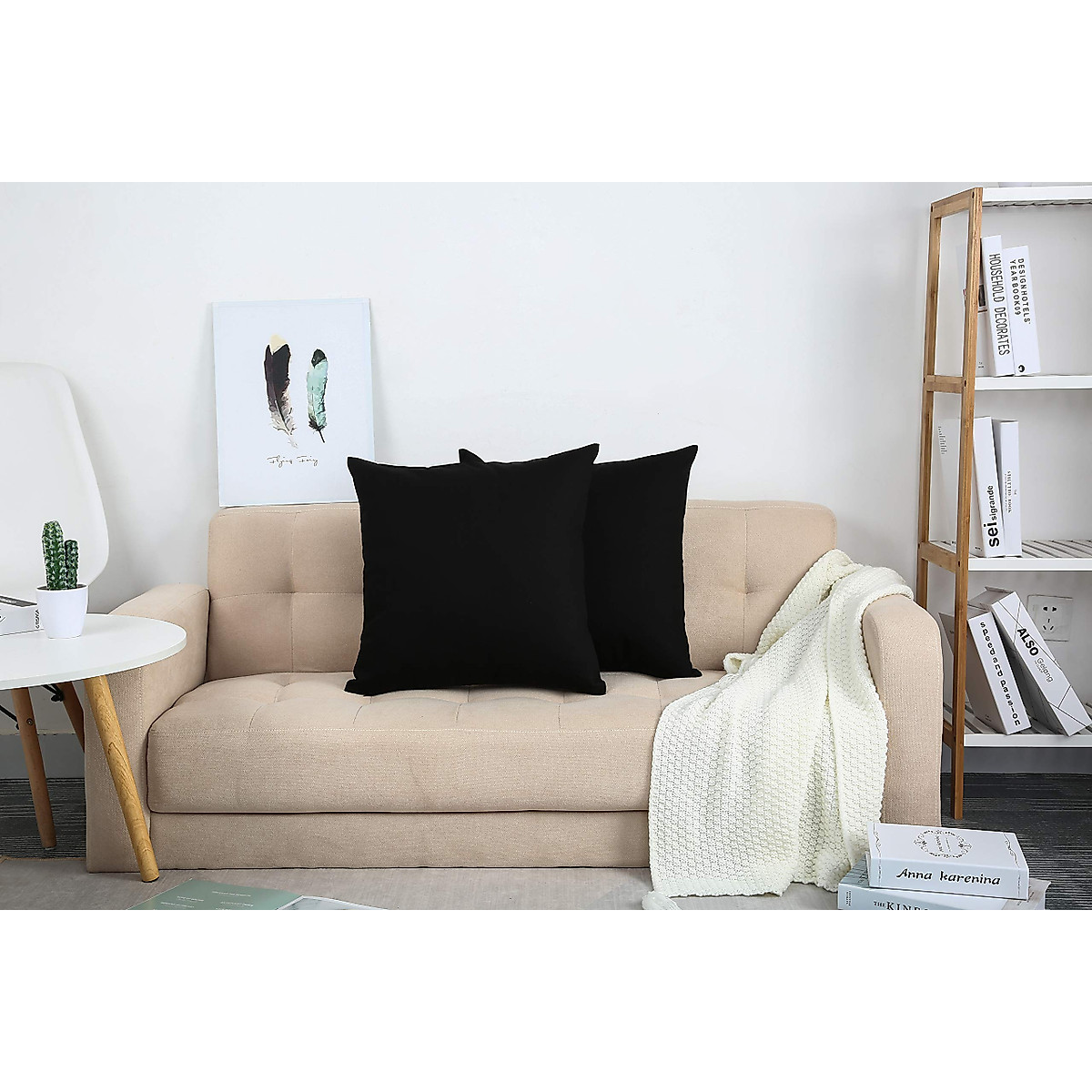 TangDepot Handmade Decorative Solid 100% Cotton Canvas Throw Pillow Covers/Pillow Shams, (20"x20", Black)