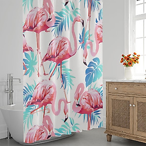 Aglebo Shower Curtain Vintage Flamingo Palm Leaf Fabric Shower Curtain Set with 12 Hooks Water-Proof 72 * 72 Inches for Bathroom Beach Caravan Hotel