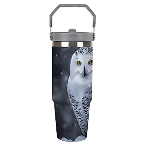 30oz Stainless Steel Insulated Tumbler with Flip Lid & Straw, Leakproof Travel Mug for Car, Arctic Owl Double Wall Vacuum Thermal Coffee Cup with Handle, Spill-Proof Design for Hot/Cold Drinks