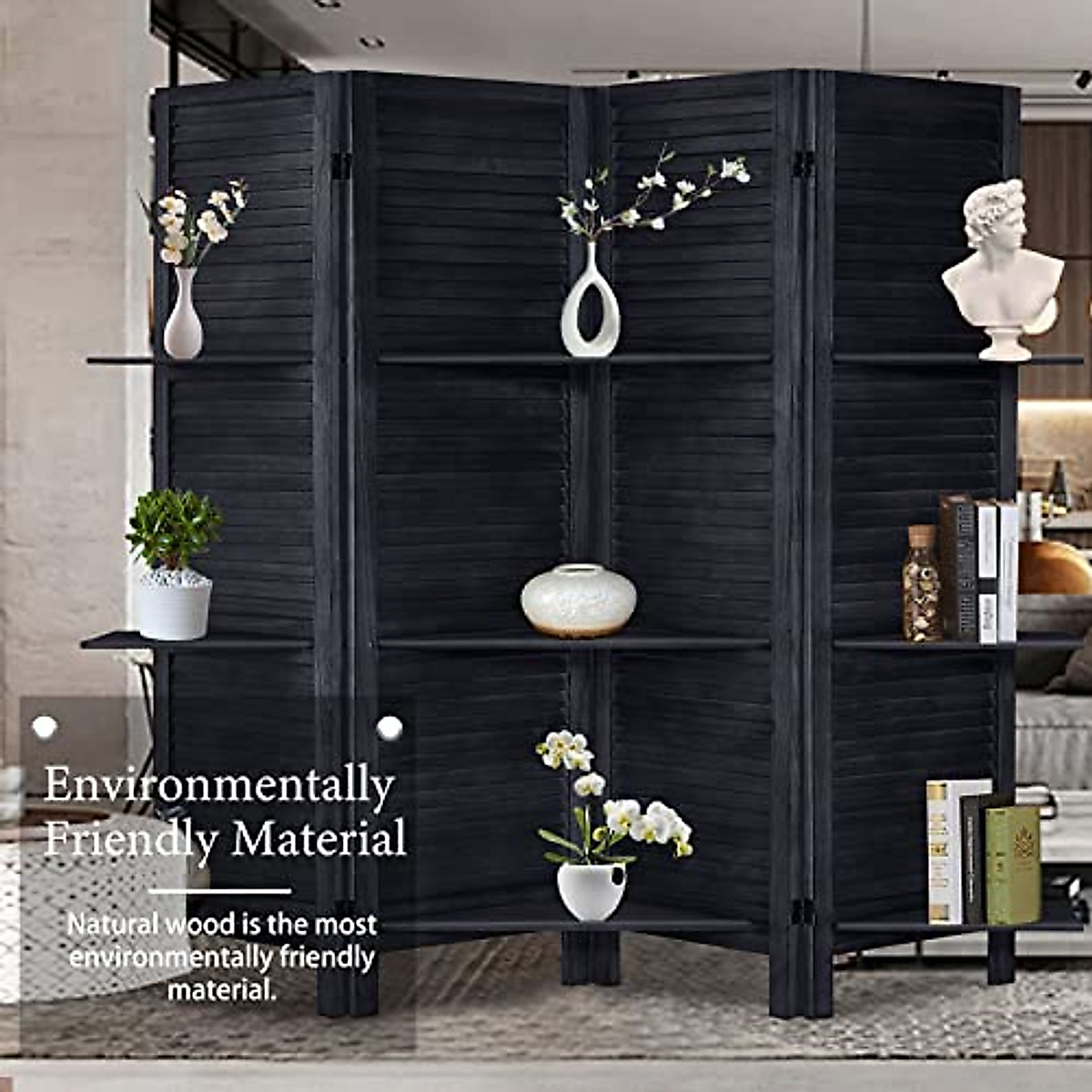 RHF 4 Panel Room Divider Room Dividers and Folding Privacy Screens,5.6 Ft Tall Privacy Screen Wood Room Divider Wall Partition with Shelves (Black, 4 Panel)