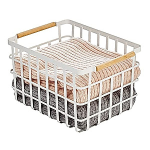 mDesign Metal Wire Closet Storage Basket Bin Organizer with Wood Handles for Bedroom, Bathroom, Mudroom, Entryway, Hallway, or Linen Closet Organization - Yami Collection - 4 Pack, Matte White/Natural