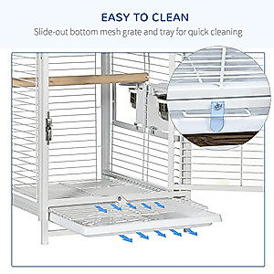 PawHut 19" Travel Bird Cage Parrot Carrier with Handle Wooden Perch for Cockatiels, Conures, White