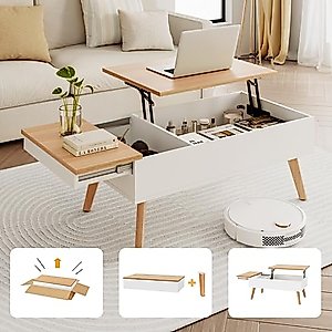 Bidiso Lift Top Coffee Table, Ten Minute Install Coffee Table Center Table with Hidden Storage Compartments, Rising Tabletop Dining Table Coffee Table for Living Room，Oak