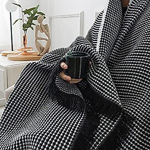 R.SHARE Soft Knit Waffle Throw Blanket for Couch Bed with Tassel, Thin Knitted Lightweight Cozy Woven for Sofa Travel, Cute Women Men, Big Twin Size, 60x80 inches, Black and White