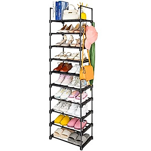 Goramio 10 Tiers Tall Shoe Rack, 20-24 Pairs Shoe and Boots Storage Organizer, Stackable Metal Shoe Shelf with Hooks, Space Saving Narrow Shoe Rack for Entryway, Closet, Bedroom, Sturdy, Black