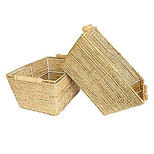 MARLIC Rectangular Seagrass Woven Storage Basket with Handles - Natural Seagrass Baskets for Organization and Storage - Medium - Trapezoid 12x8x6 IN (2)