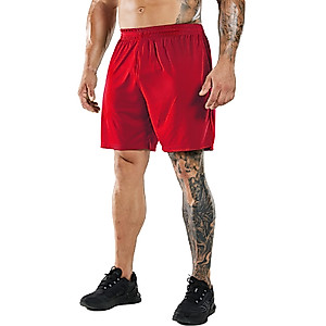 MIER Men's Quick-Dry Athletic/Soccer/Basketball Shorts Without Pockets No Liner Running Workout Training Active Shorts, Black/Red, L